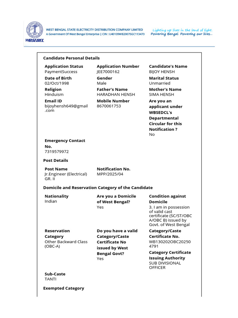 WBSEDCL Recruitment 2025 Application (1) | PDF