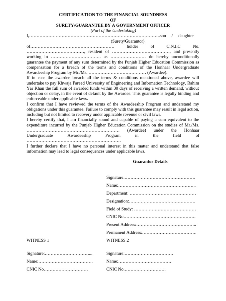 Specimen of Certificate of Surety Guarantee by Govt Officer | PDF ...