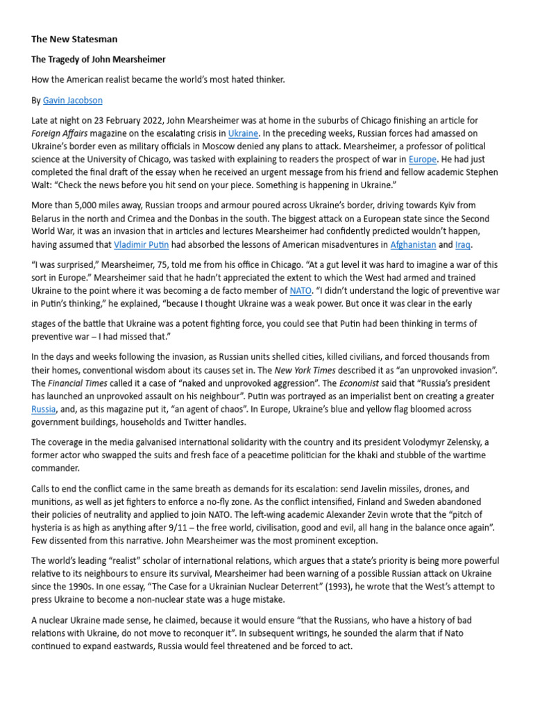 The New Statesman - Tragedy of John Mearsheimer | PDF | International ...