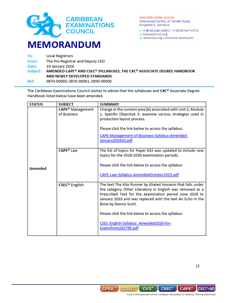 Memo - Revised and Amended Syllabuses - LRs - January 2026 | PDF