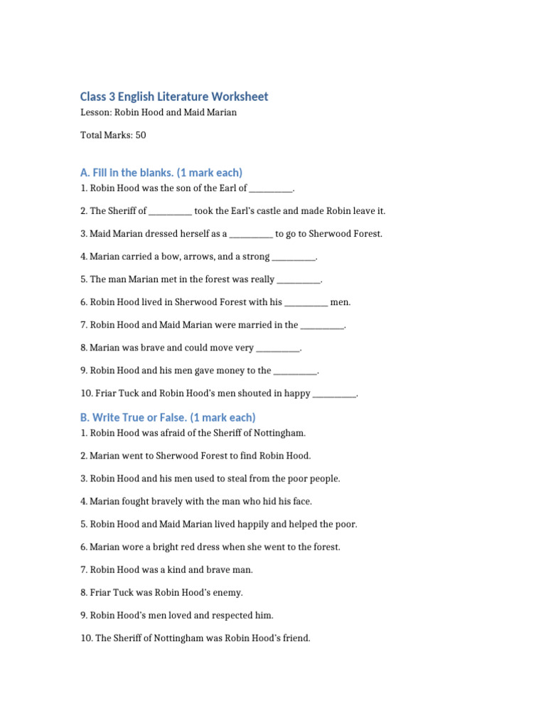 Robin Hood and Maid Marian Worksheet Class3 50marks | PDF | Robin Hood ...