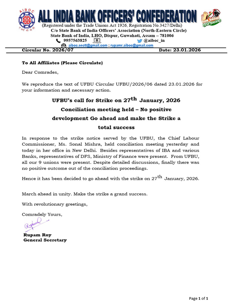 07 - 2026 - Aiboc - UFBU - March On To All India Bank Strike On 27.01. ...