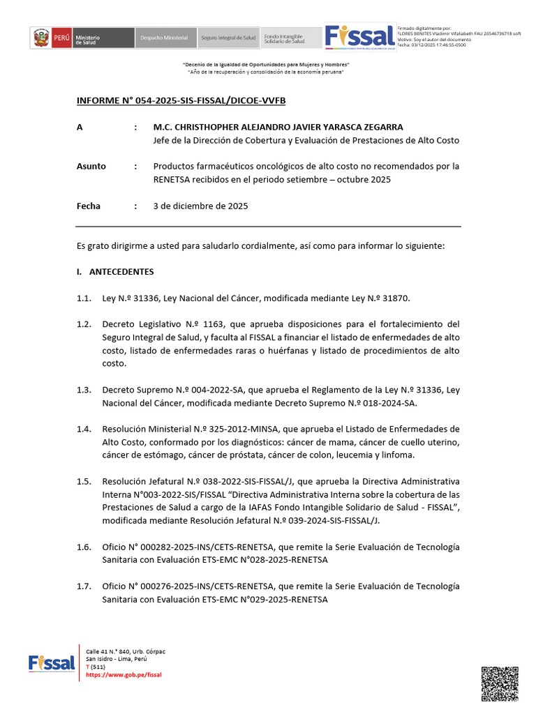 INFORME N° 054-2025-SIS-FISSAL DICOE-VVFB | PDF | Metástasis | Cáncer