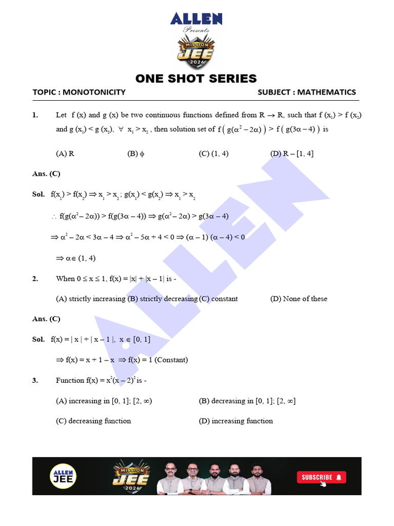 Monotonicity_Home Work (With Solutions)_Sachin Sir | PDF | Monotonic ...