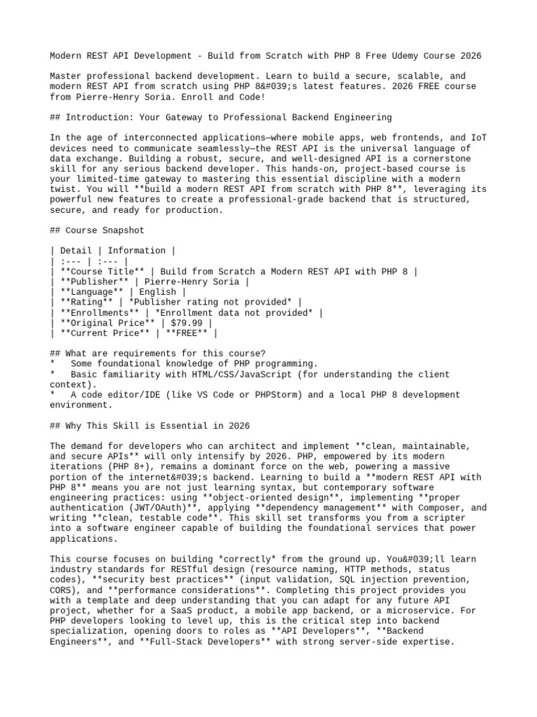 Modern Rest API Development Build From Scratch With Php 8 Free Udemy Course 2026 Article 2026-01 ...