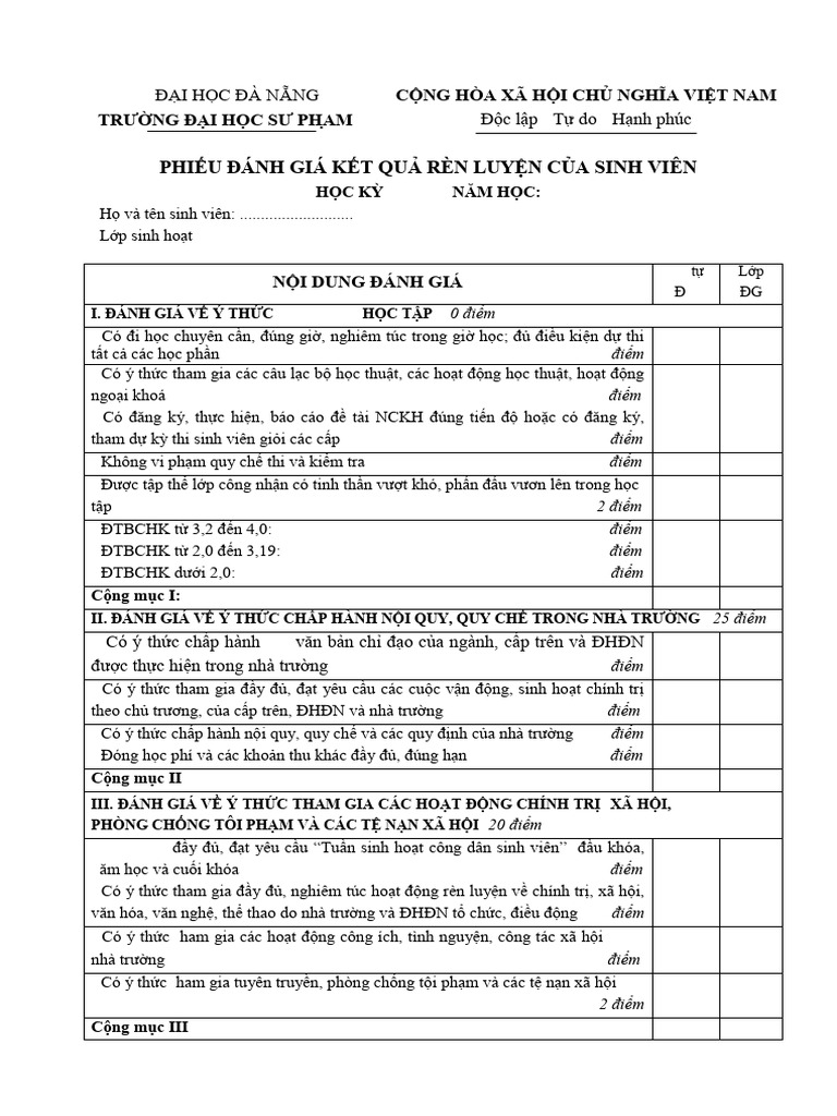 Phieu Danh Gia Ket Qua Diem Ren Luyen | PDF