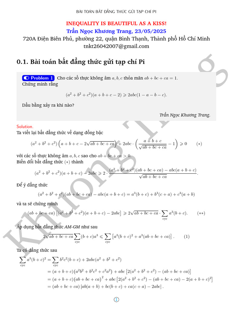Bài Toán Bất Đẳng Thức 1 Gửi Tạp Chí Pi | PDF