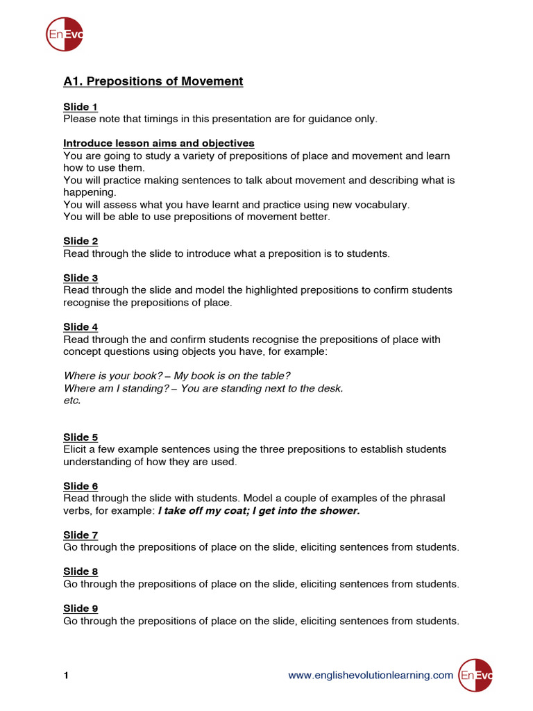 A1. Preposition of Movement Lesson Notes | PDF | Language Mechanics ...