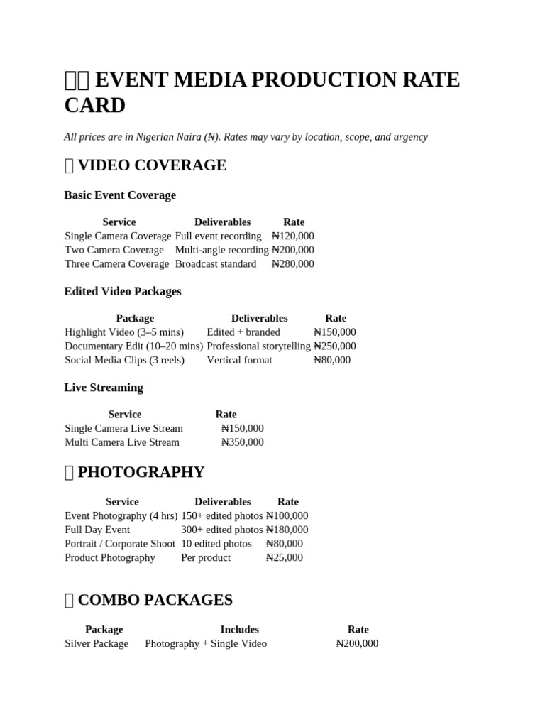 Event Media Production Rate Card | PDF