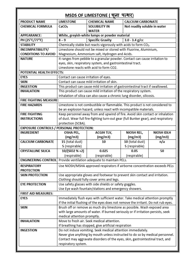 MSDS-LIMESTONE-HINDI | PDF