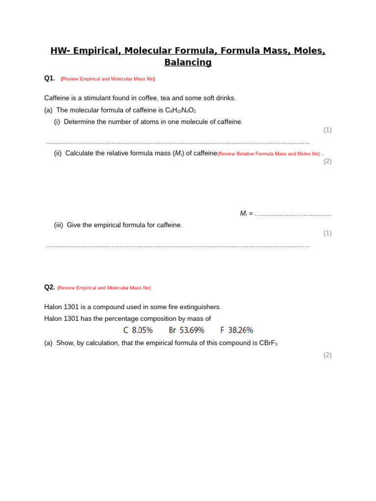 Empirical Molecular Formula Balancing Moles HW | PDF | Molecules | Mole ...