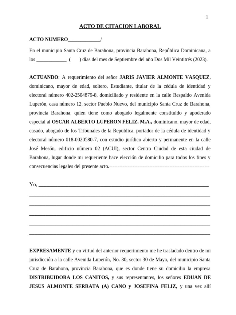 Acto de Citacion Laboral (Caso Jaris Javier Almonte Vasquez) | PDF ...