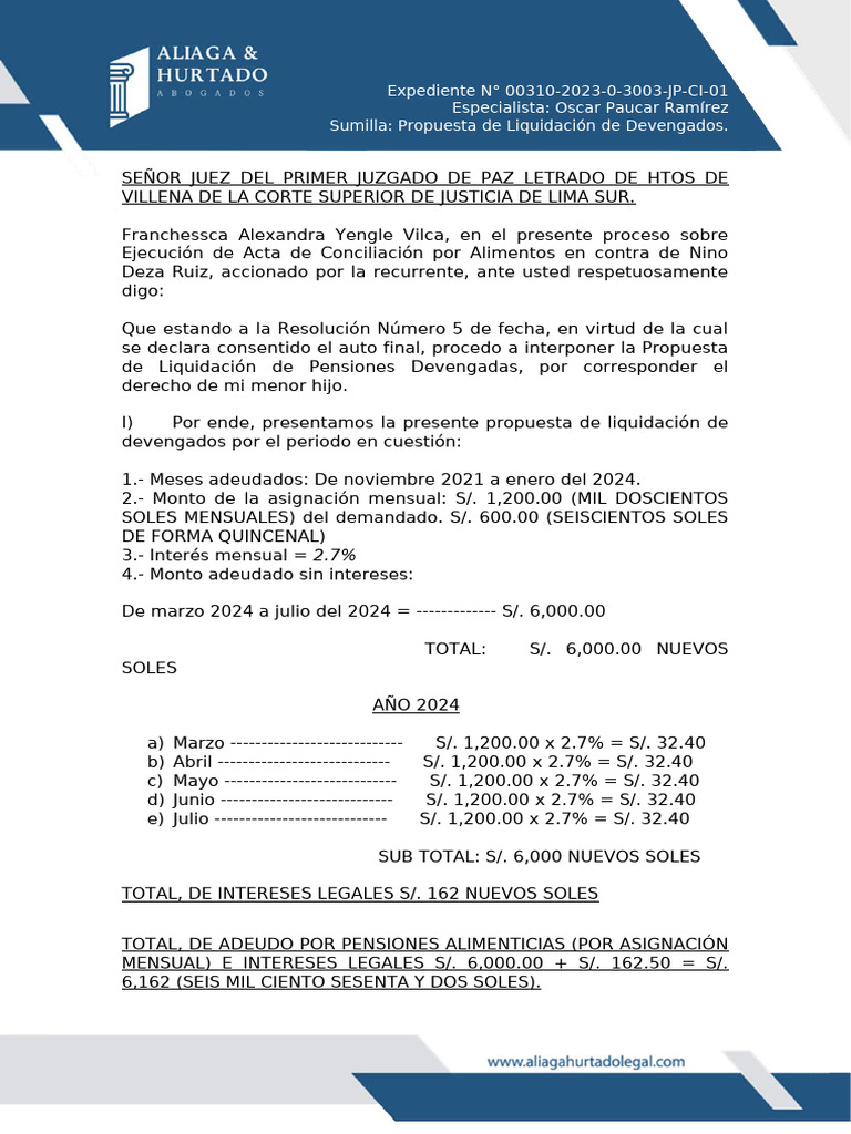 Escrito Presento Propuesta de Liquidación de Devengados - Pn - Juzgado ...