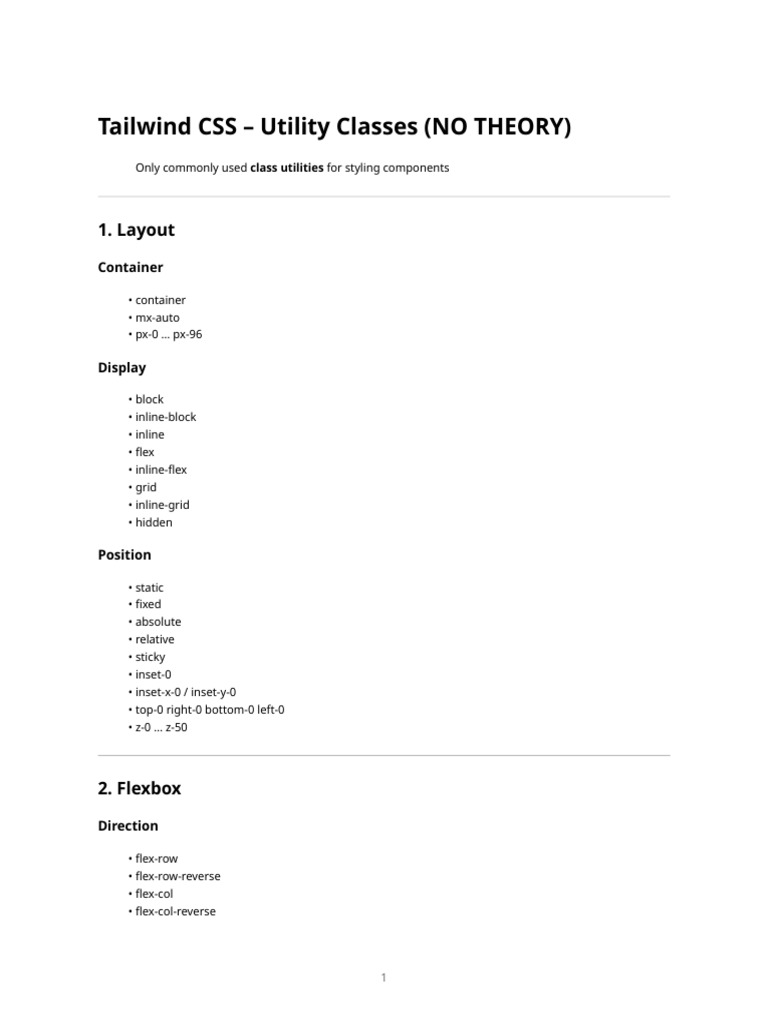 Tailwind Css – Utility Classes Reference (Learning Notes) | PDF ...