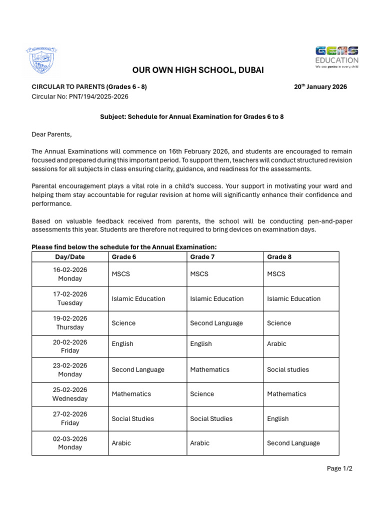 Circular - Schedule For Annual Examination For Grades 6 To 8 | PDF