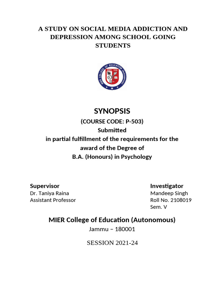 SOCIAL MEDIA ADDICTION AND DEPRESSION AMONG SCHOOL GOING STUDENTS | PDF ...