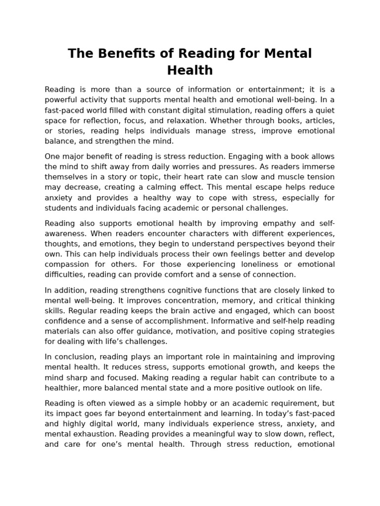 The Benefits of Reading For Mental Health | PDF | Mental Health | Mind
