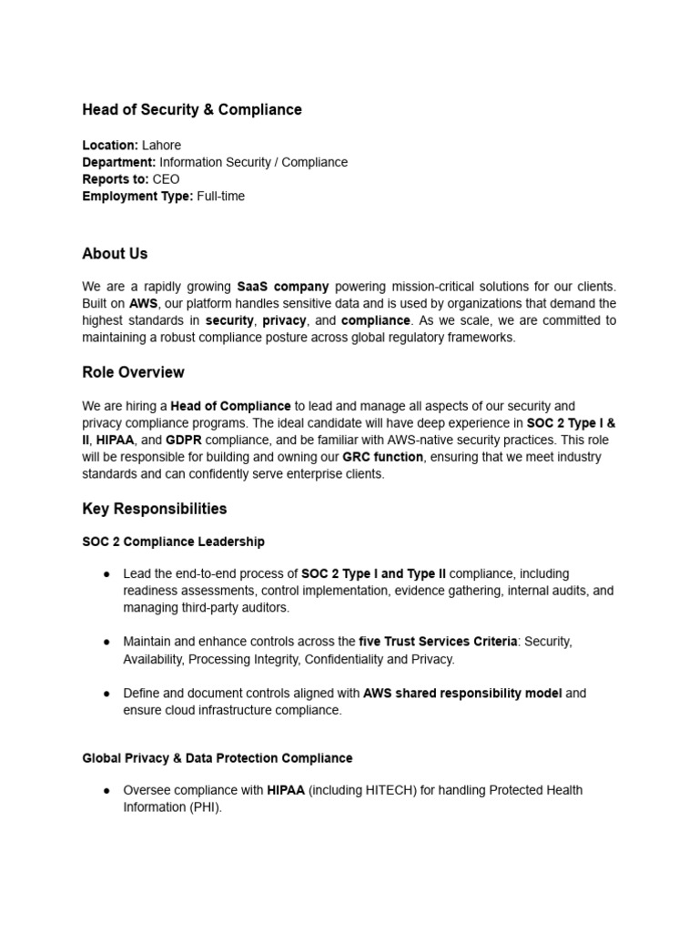 Head of Security & Compliance | PDF | Regulatory Compliance | Audit