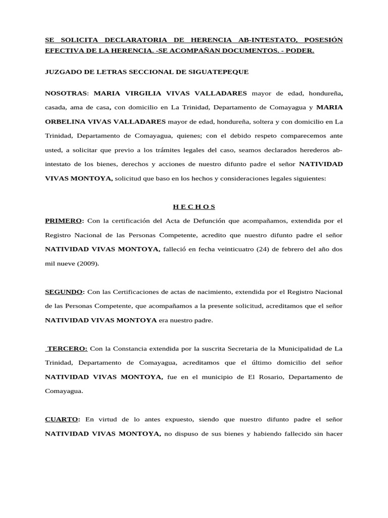 Se Solicita Declaratoria de Herencia Vivas Valladares | PDF | Honduras | Judicaturas