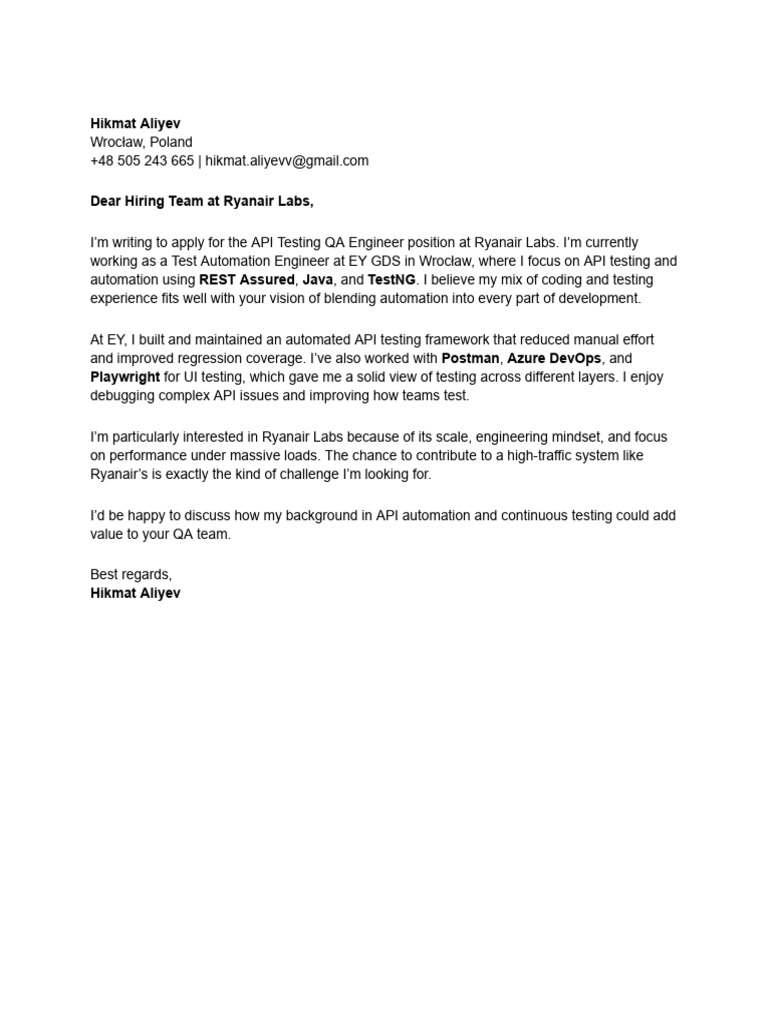 Cover Letter Ryanair | PDF