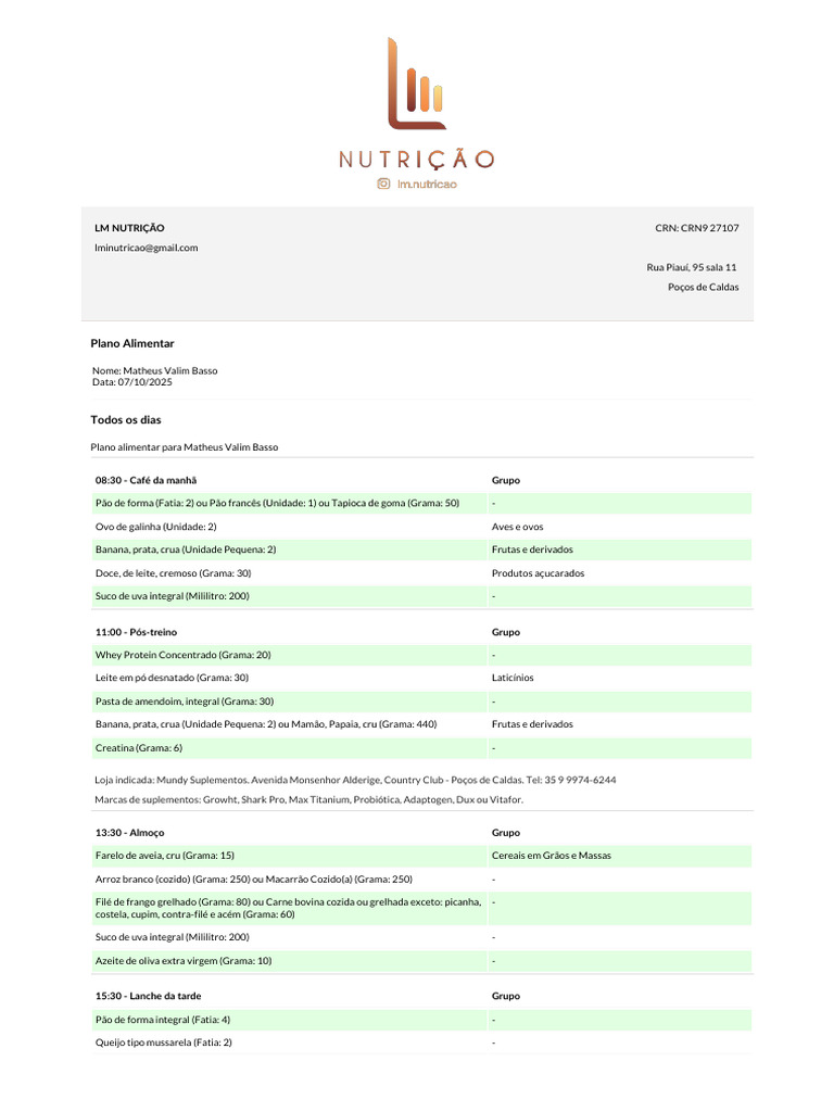 Plano Alimentar de Matheus Valim Basso | PDF | Alimentos | Culinária