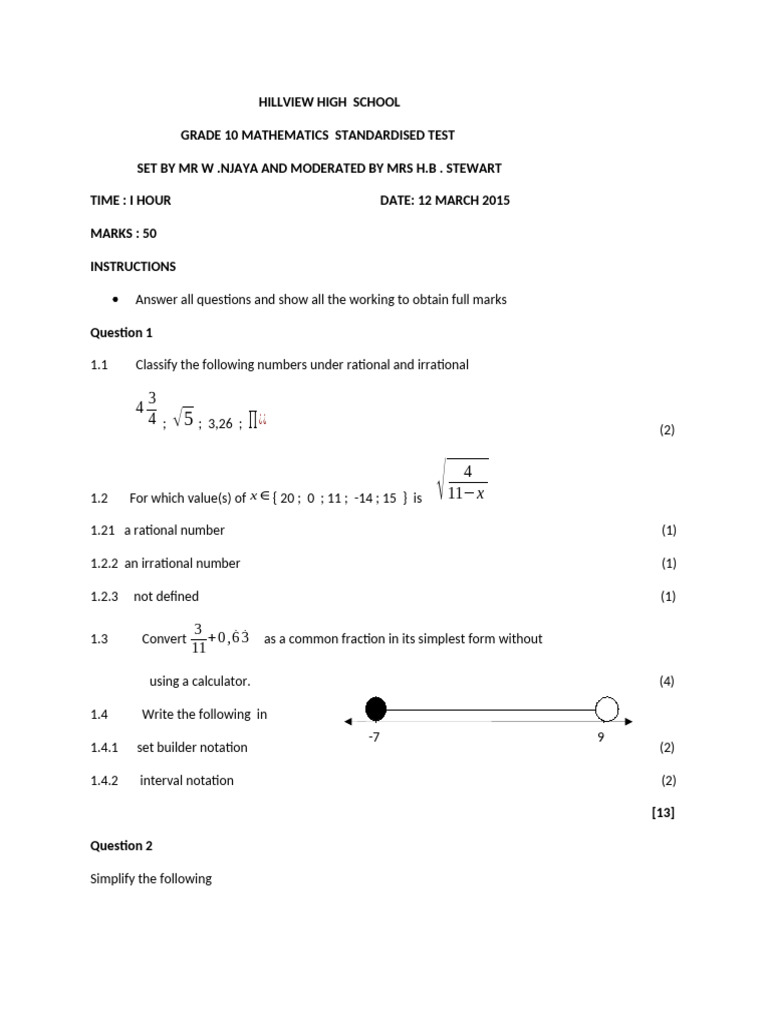 Grade 10 Test | PDF | Numbers | Square Root