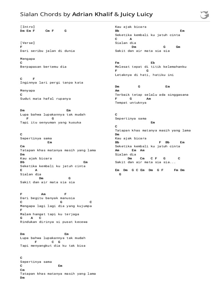 Sialan Chords by Adrian Khaliftabs at Ultimate Guitar Archive | PDF