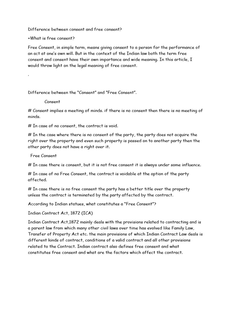 Difference Between Consent and Free Consent | PDF | Consent | Contract Law