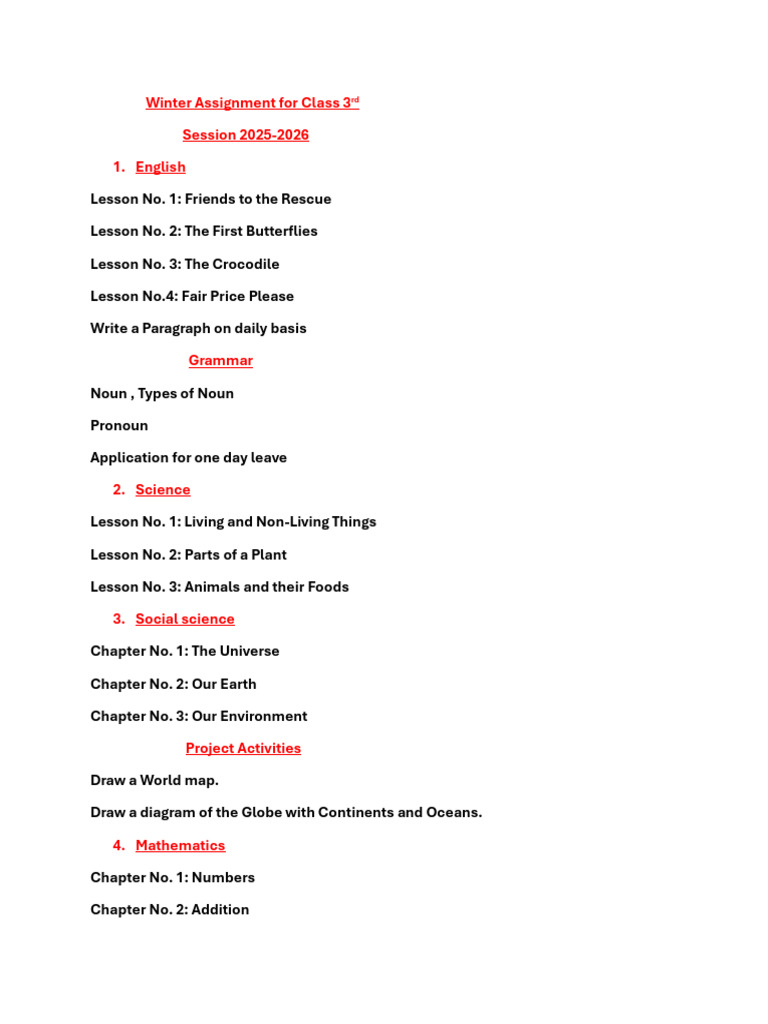 Winter Assignment For Class 3rd | PDF