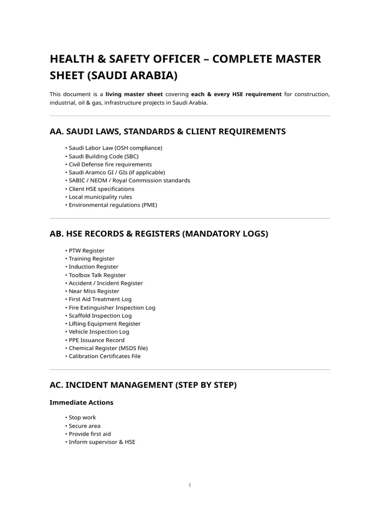 Saudi Arabia Hse Officer – Complete a to Z Master Sheet | PDF ...