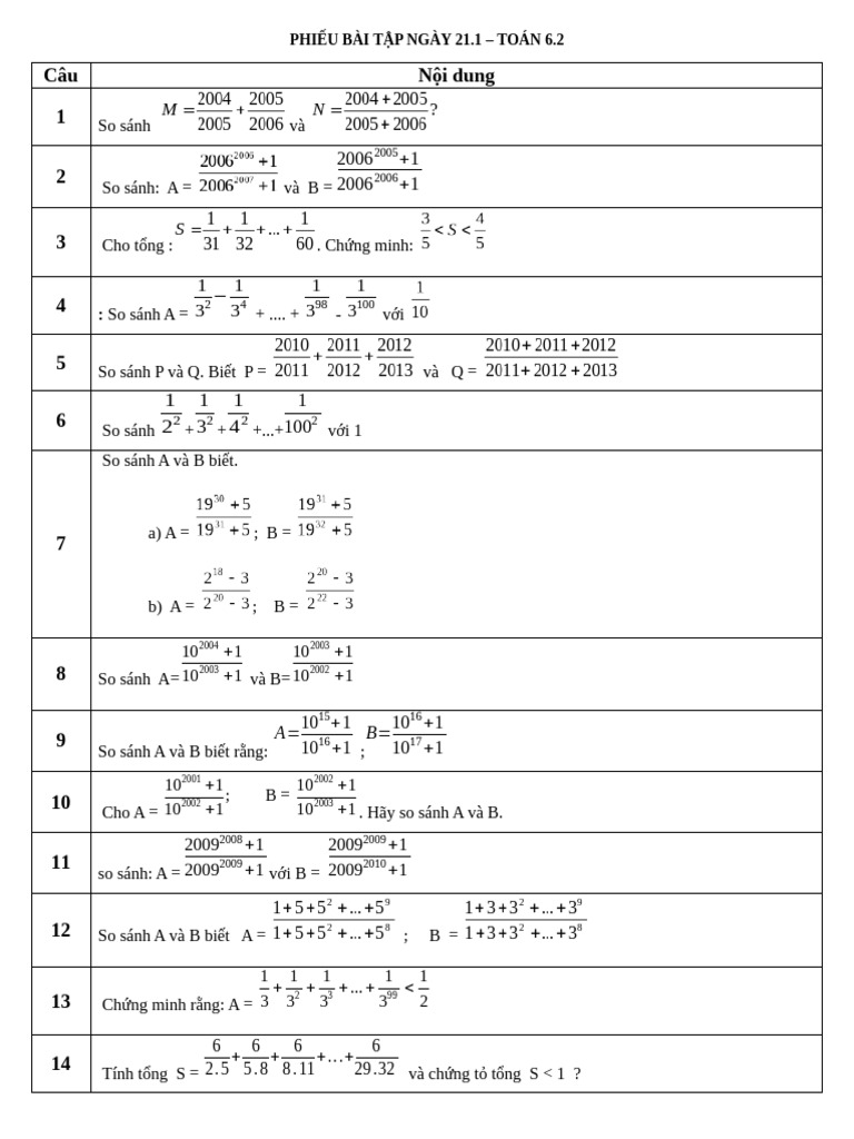 Phiếu Bài Tập Ngày 21.1 - Toán 6.2 | PDF