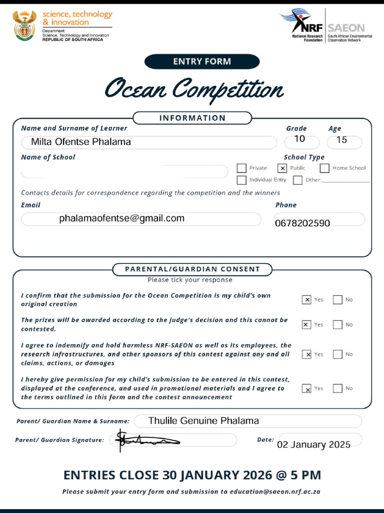 Milta Ofentse Phalama Ocean Entry Competition | PDF
