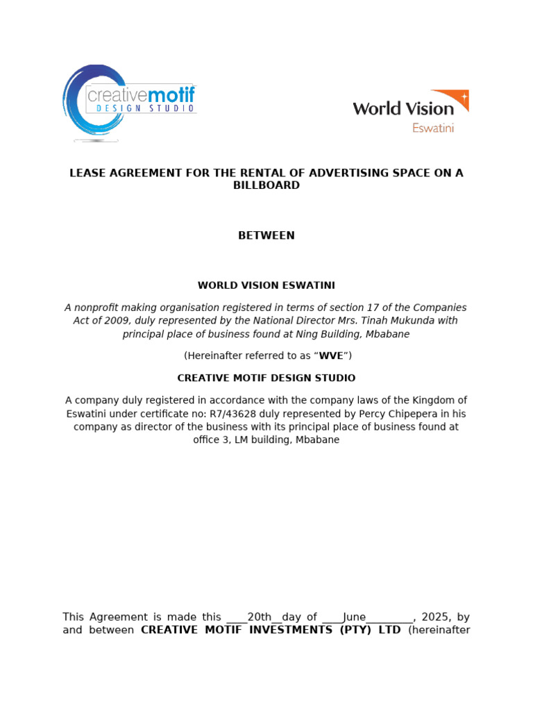 World Vision Lease Agreement 2025 To 2026 - Mbabane Billboard First ...