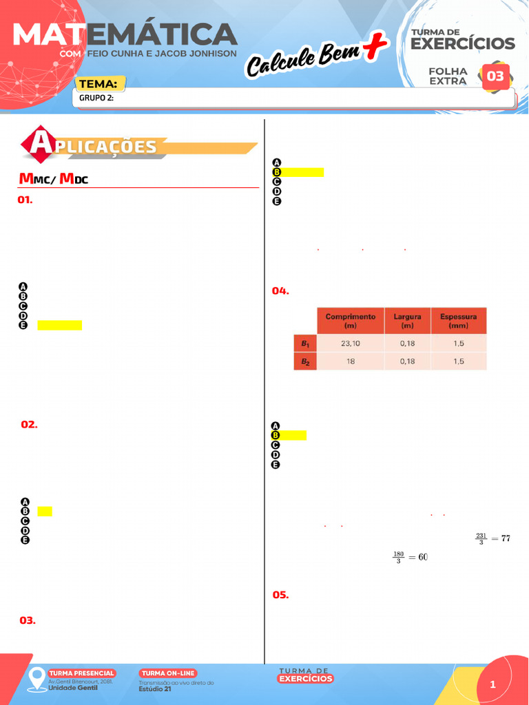 CALCULE BEM EXERCÍCIOS - CALCULE BEM MAIS - FOLHA 03 GABARITADO | PDF | Desperdício | Unidade ...