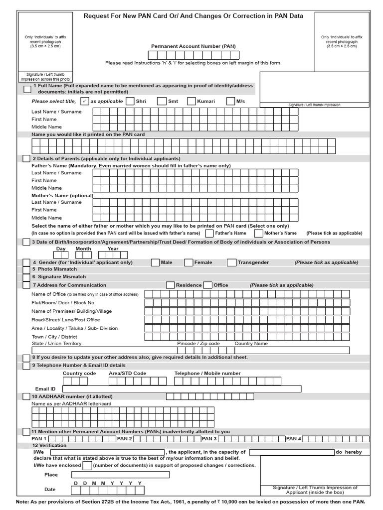 Request for New PAN Card or and Changes or Correction in PAN Data Form ...