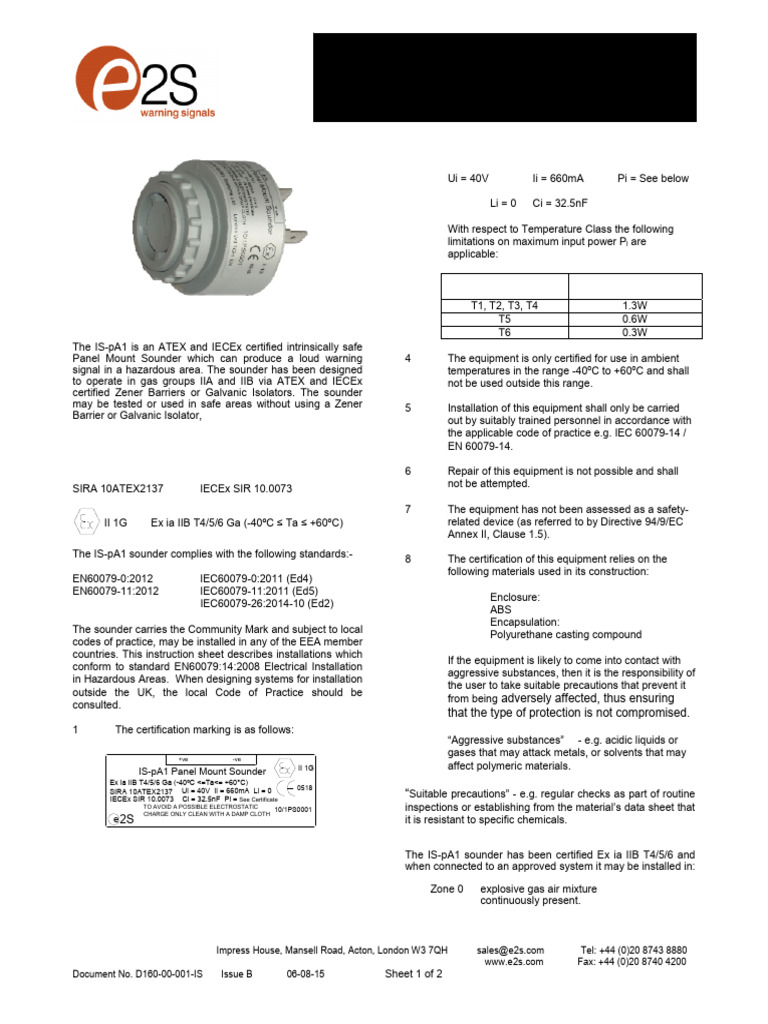D160 00 001 IS B - IS Pa1 Panel - Mount - Sounder | PDF | Safety