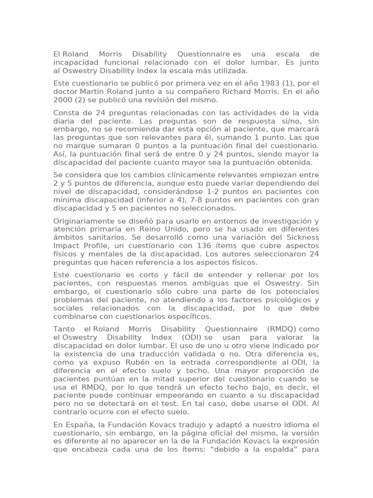 Interpretación Roland Morris | PDF | Sicología | Medicina