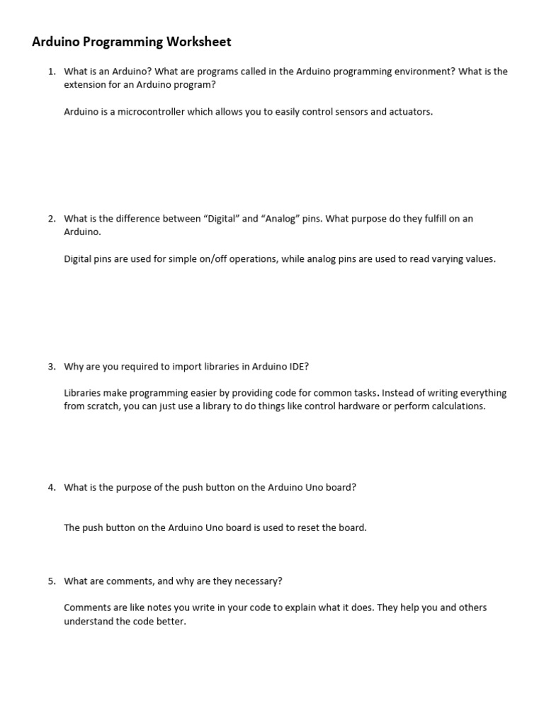 Week 5 Lab Arduino Programming Worksheet (1) | PDF