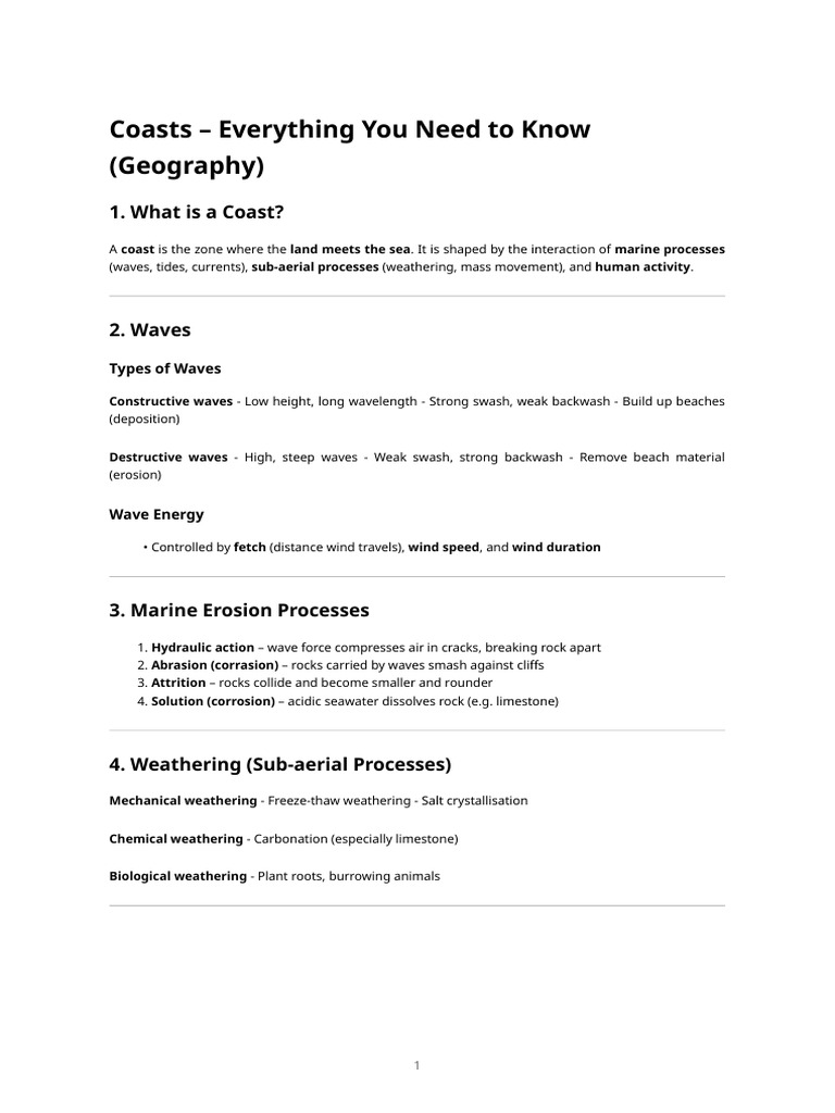 Coasts - Geography Revision Notes | PDF | Coast | Beach