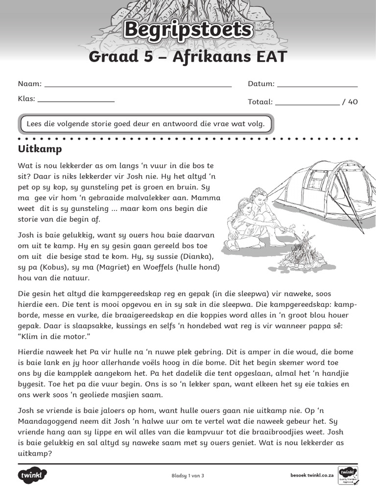 Graad 5 - Afrikaans EAT - Begripstoets - Uitkamp (KABV Belyn) BW | PDF