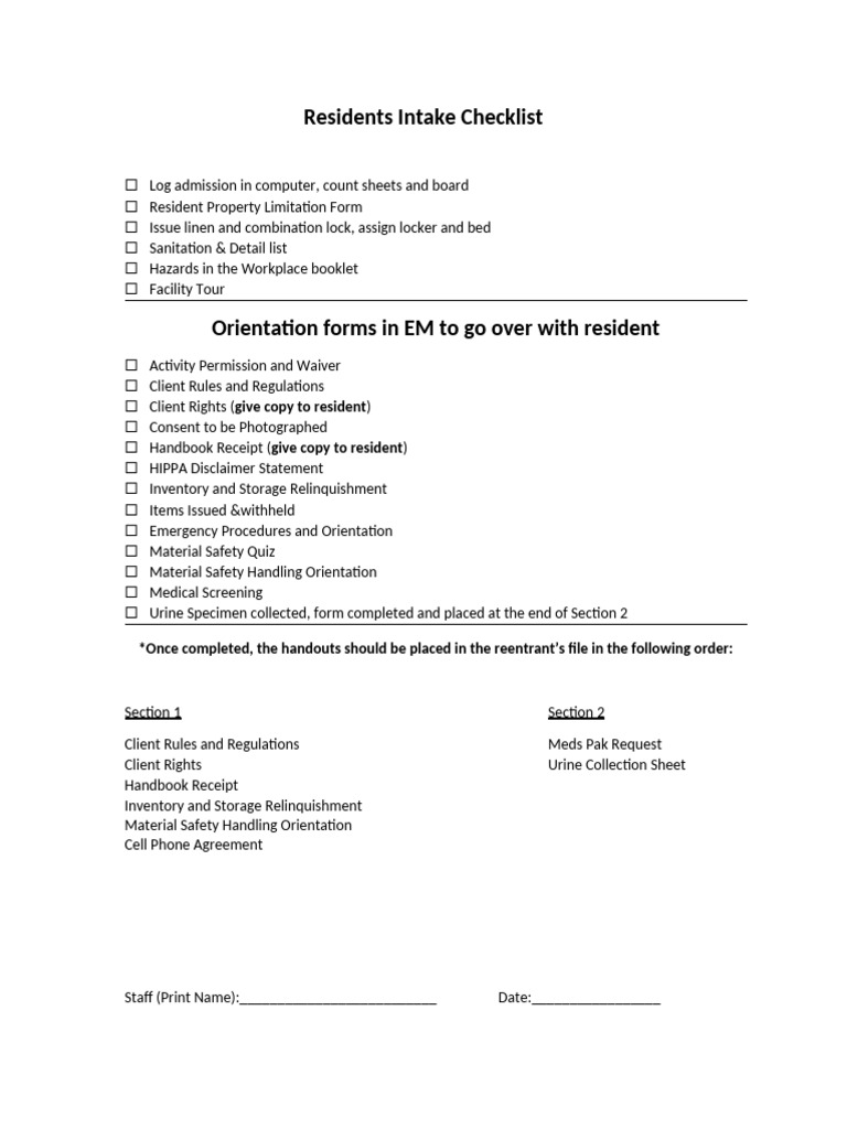 Residents Intake Checklist | PDF