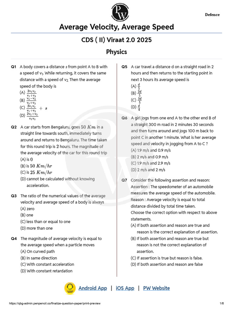 2 Average Velocity and Average Speed _ DPP 01 | PDF | Velocity | Speed