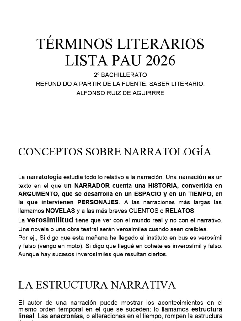 Términos literarios PAU 26_ La NARRACIÓN | PDF | Narración | Conceptos ...