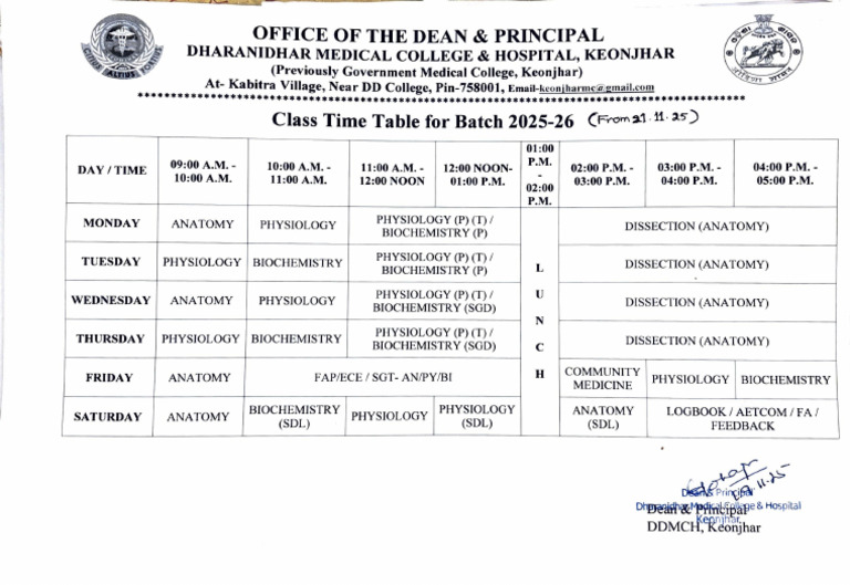 Class Time Table - 2025-26 Batch | PDF | Biology