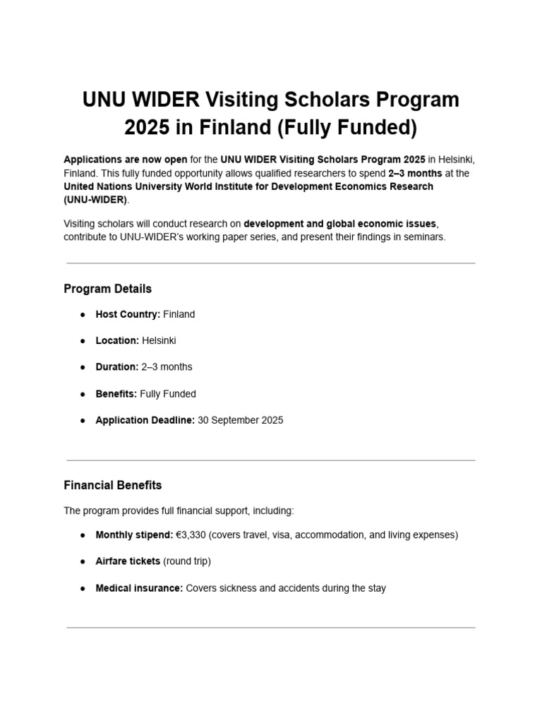 UNU WIDER Visiting Scholars Program 2025 in Finland (Fully Funded) | PDF
