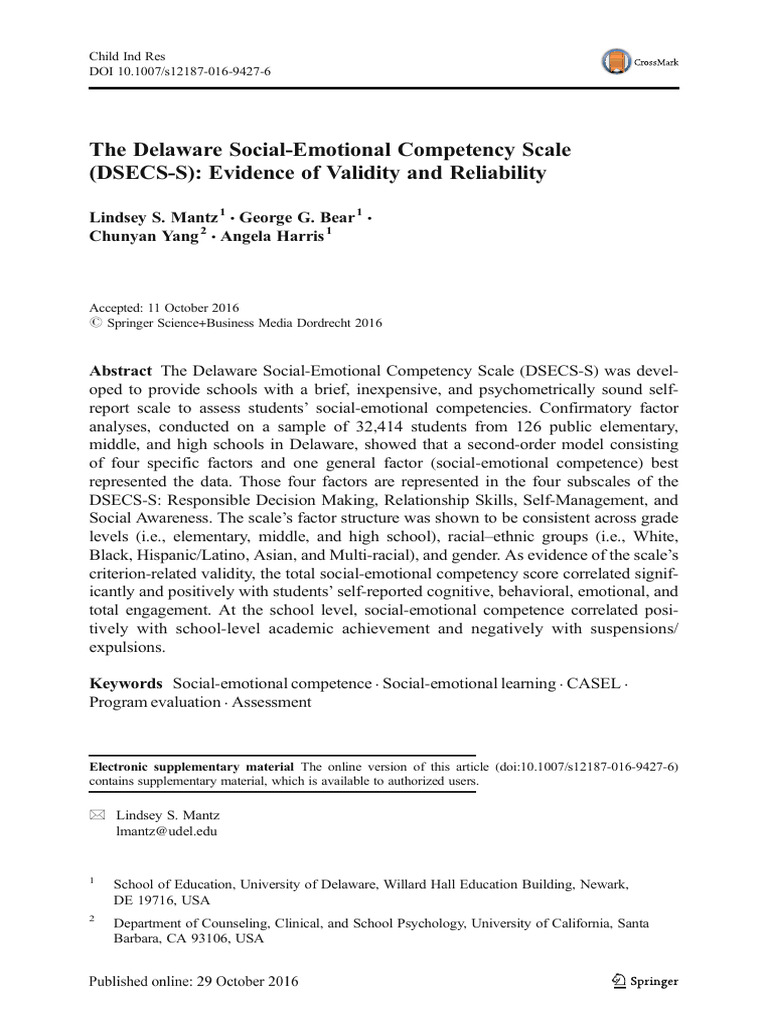 The Delaware Social Emotional Competency Scale DSECS S Evidence of ...