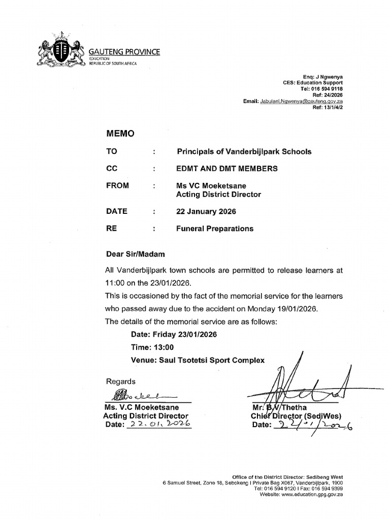 Vanderbijlpark Schools Memo | PDF