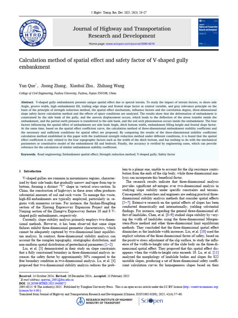 Calculation Method of Spatial Effect and Safety Factor of v-shaped Gully Embankment | PDF ...