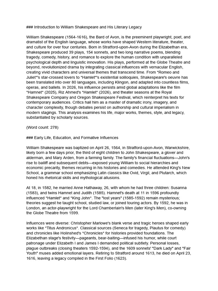 Introduction To William Shakespeare and His Literary Legacy | PDF ...