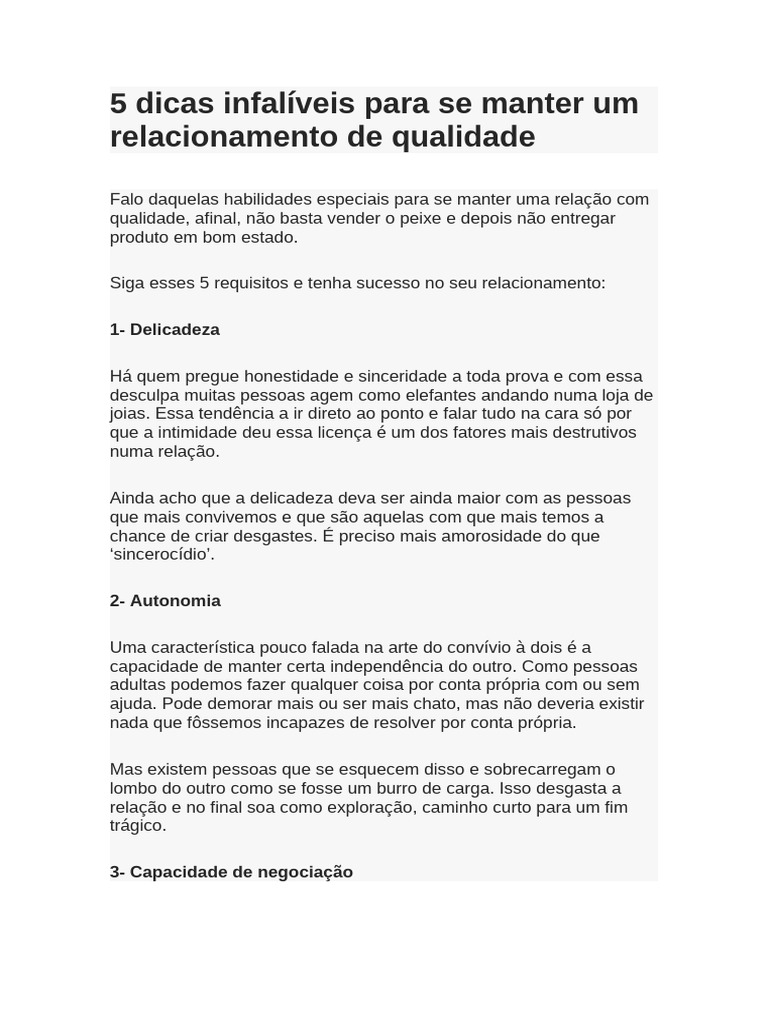 5 Dicas Infalíveis Para Se Manter Um Relacionamento de Qualidade | PDF | Sabedoria